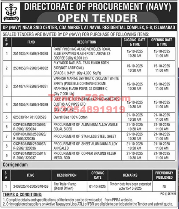 Poster for DIRECTORATE OF PROCUREMENT (DP NAVY TENDERS)-ISLAMABAD