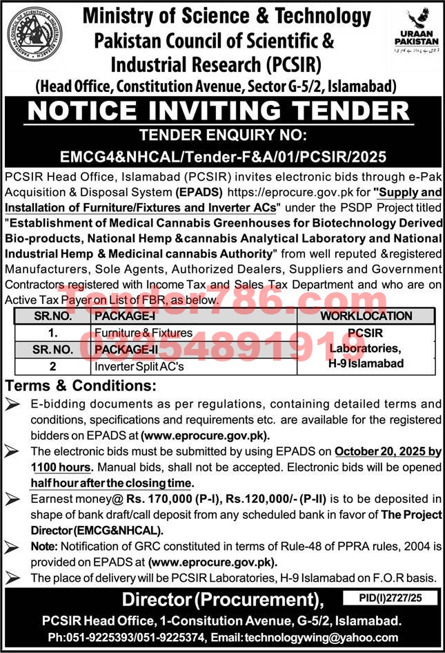 Poster for PCSIR TENDERS-ISLAMABAD