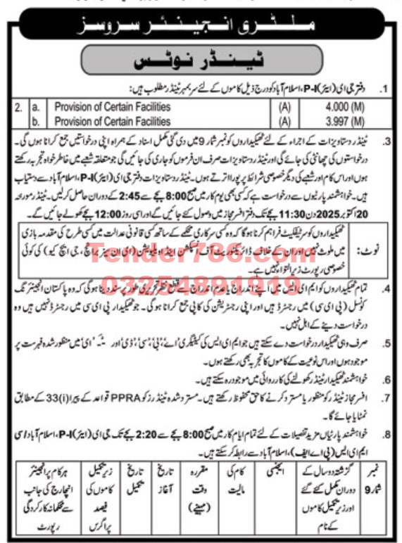 Poster for MILITARY ENGINEERING SERVICES (MES TENDERS)-ISLAMABAD