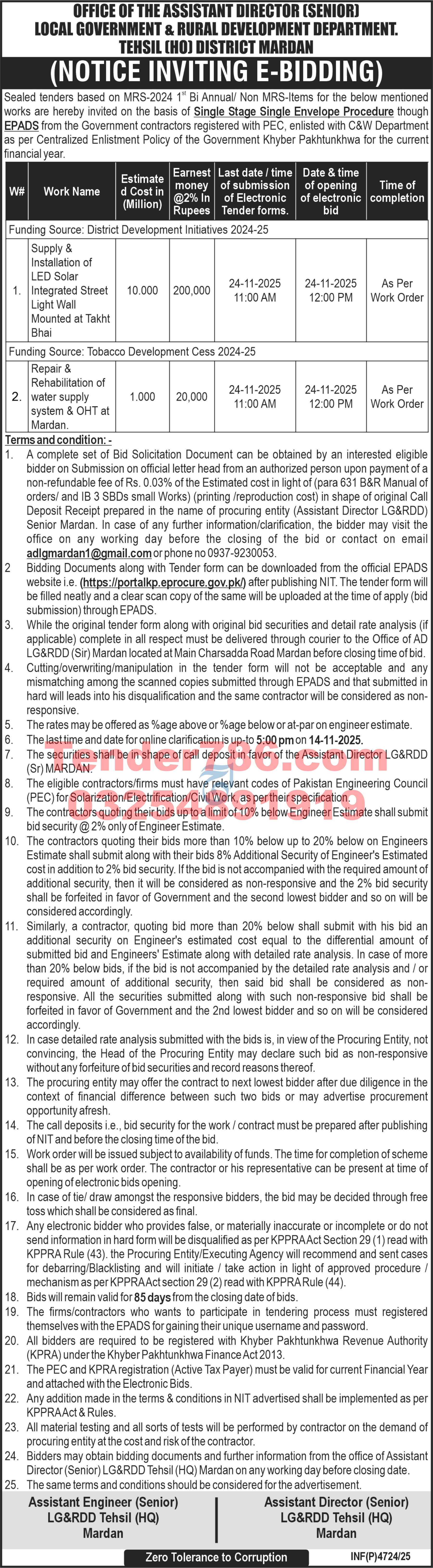 Poster for LOCAL GOVERNMENT & RURAL DEVELOPMENT TENDERS-MARDAN