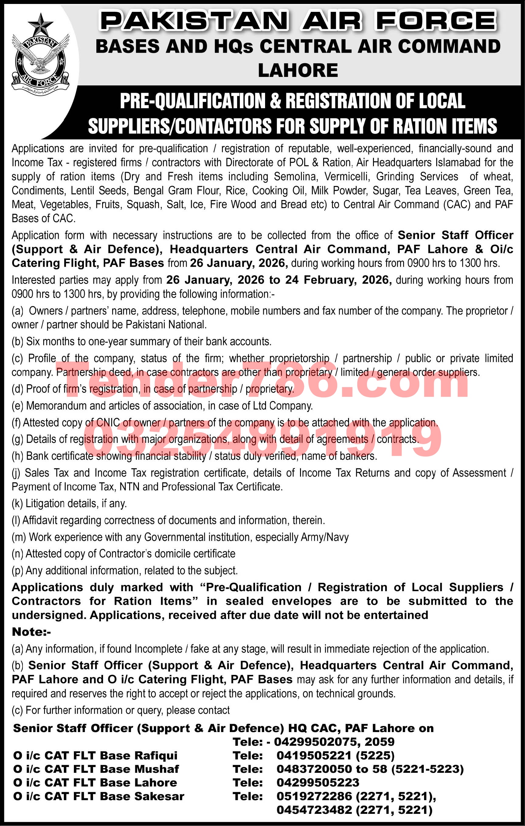 Poster for (PAF TENDERS) PAKISTAN AIR FORCE-LAHORE