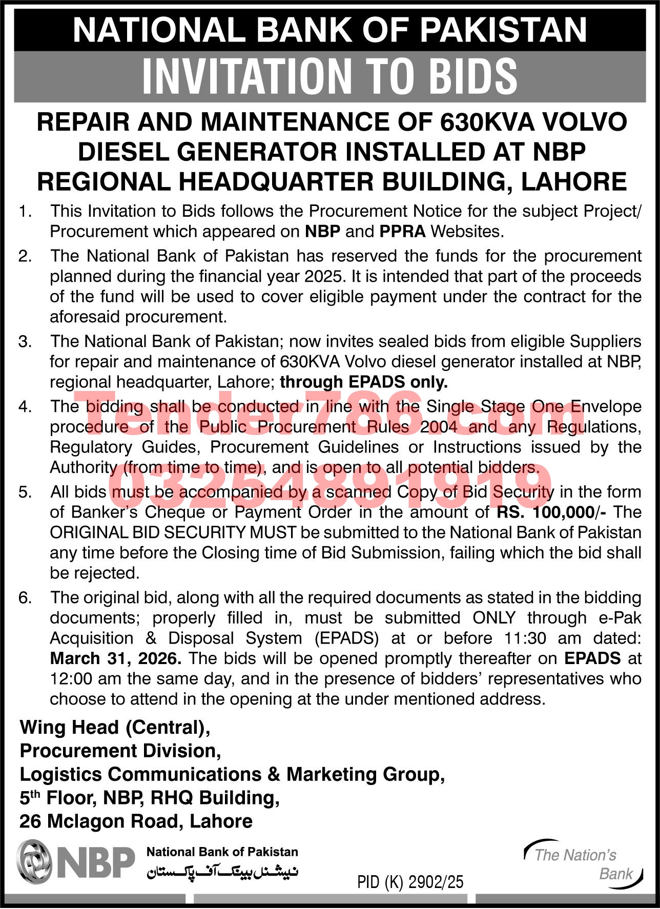 Poster for NBP NATIONAL BANK OF PAKISTAN TENDERS