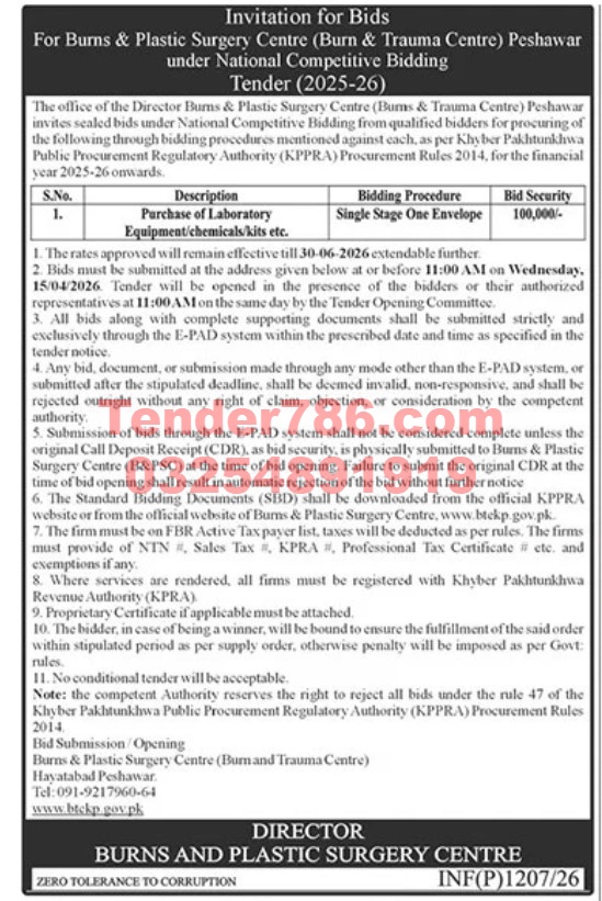 Poster for BURNS AND PLASTIC SURGERY CENTRE TENDERS-PESHAWAR