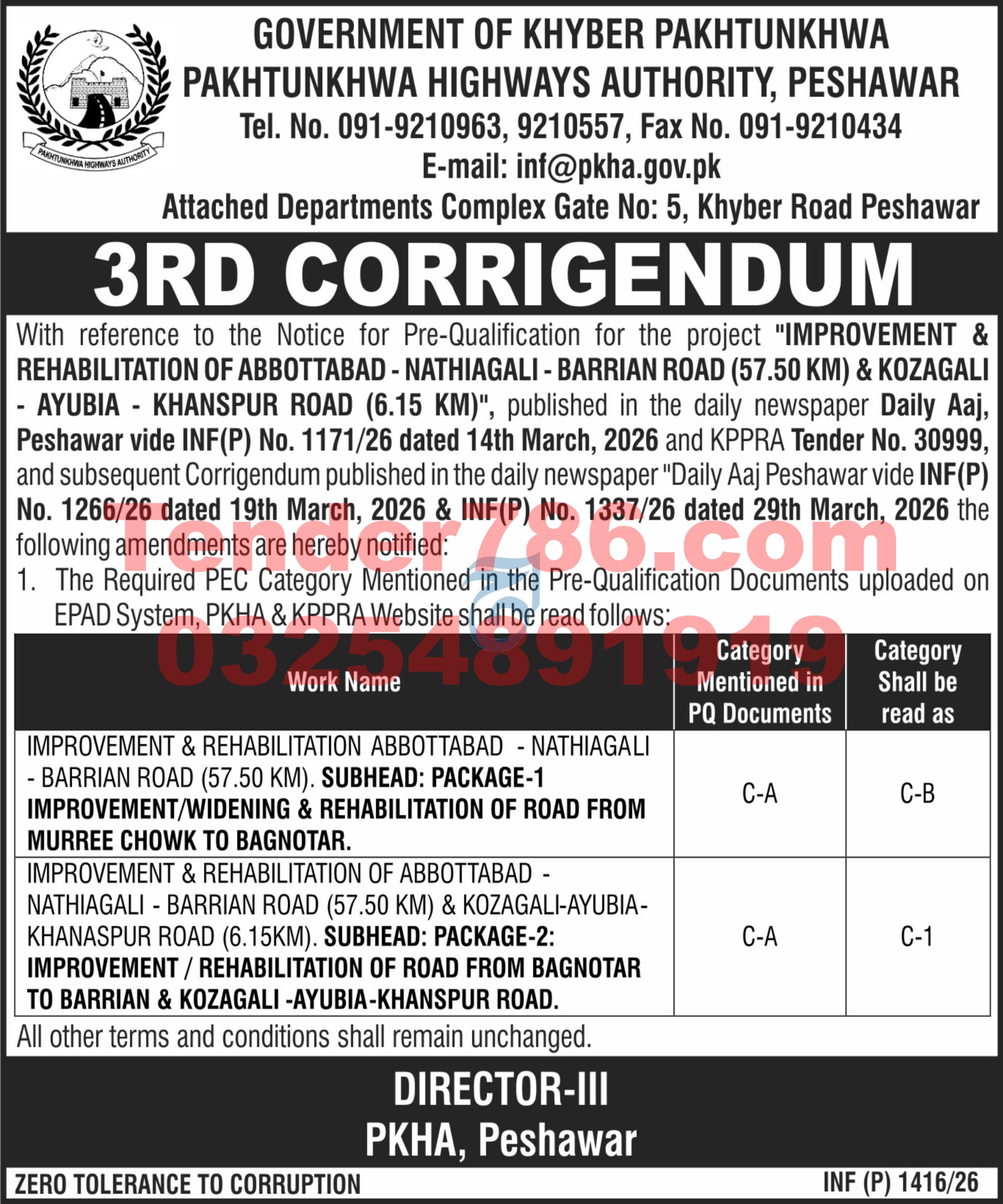 Poster for PAKHTUNKHWA HIGHWAYS AUTHORITY (PKHA TENDERS)-PESHAWAR